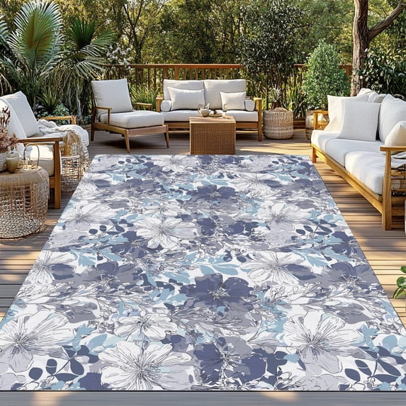 Blue White Floral Indoor Outdoor Rugs 6x9 Ft, Watercolor Spring Blue ...