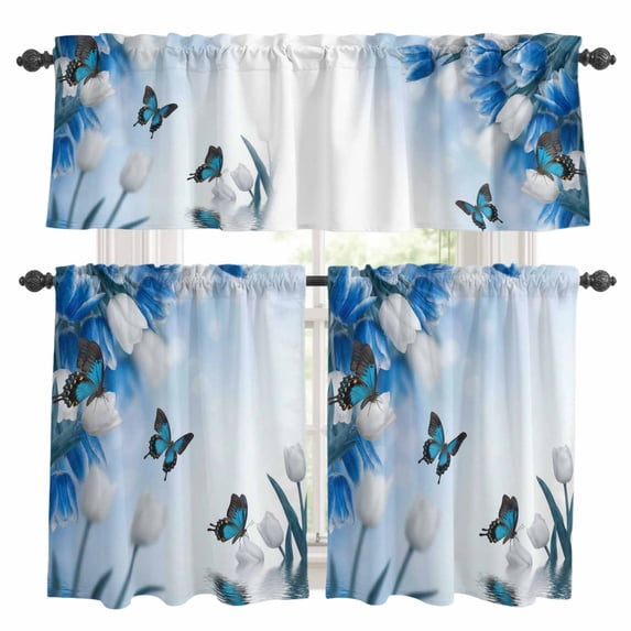 Blue White Floral Kitchen Curtains Sets for Windows 36 Inch Length ...