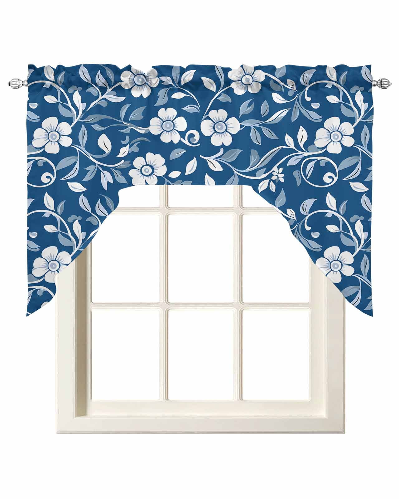 Blue White Floral Kitchen Swag Valances for Windows, Farmhouse Retro ...