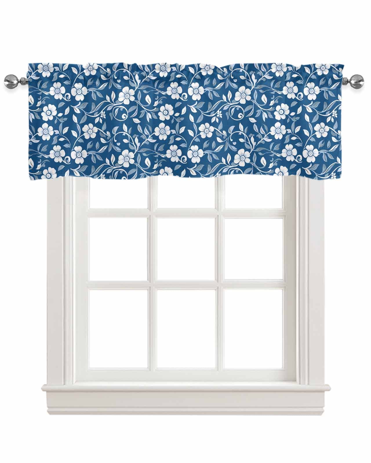 Blue White Floral Kitchen Valances for Windows Farmhouse Linen Window ...