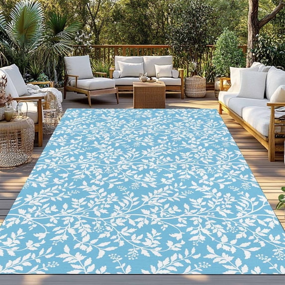 Blue White Floral Leaves Indoor Outdoor Rugs 3x5 Ft, Leaf Branch Plant ...