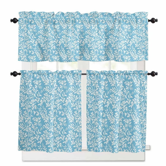 Blue White Floral Leaves Kitchen Curtains Valance and Tier Set Leaf ...