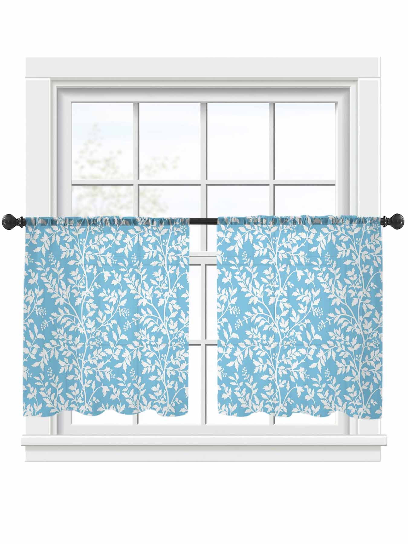 Blue White Floral Leaves Sheer Curtains for Living Room Bedroom, Leaf ...