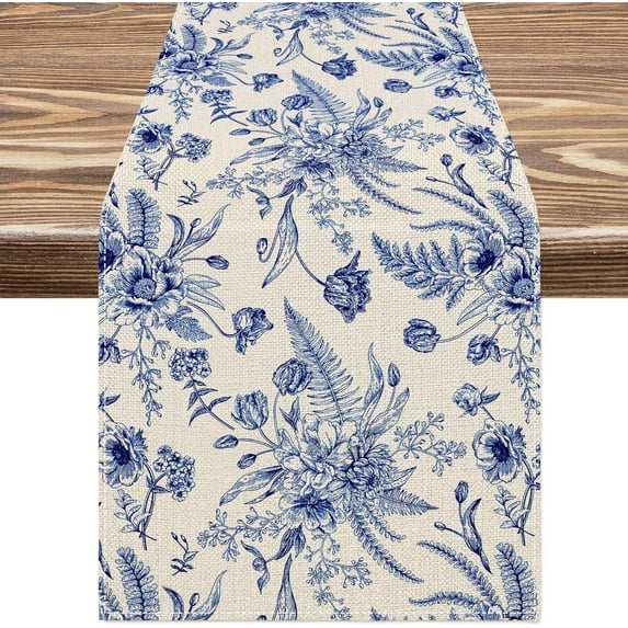 Blue White Floral Linen Table Runners Dresser Scarf r Kitchen Dining ...