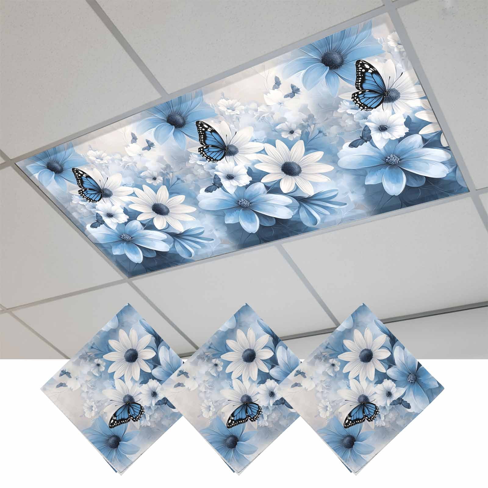 Blue White Floral Magnetic Fluorescent Light Covers for Ceiling Lights ...