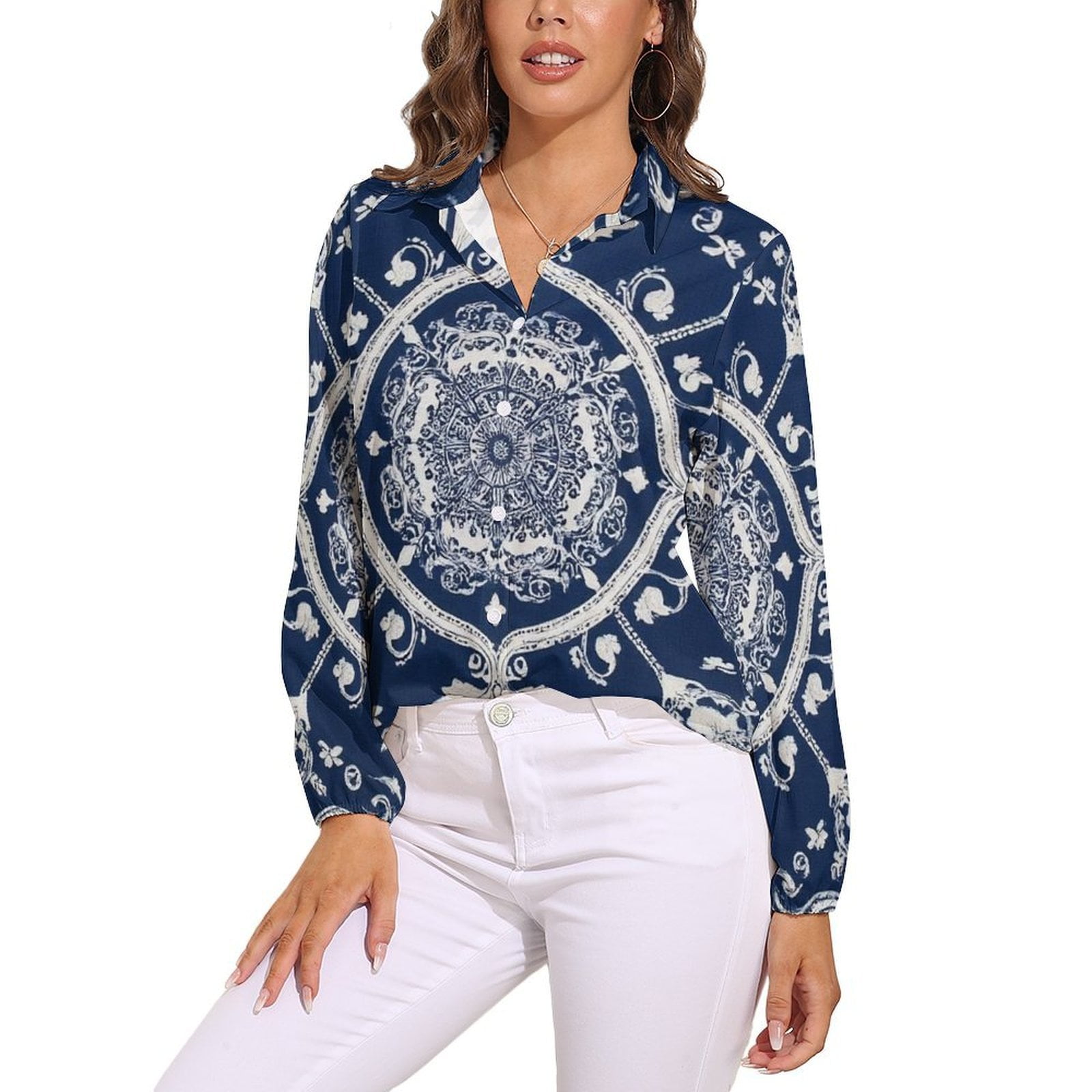 Blue White Floral Mandala Print-2 Vntage Casual Long Sleeve Shirt ...