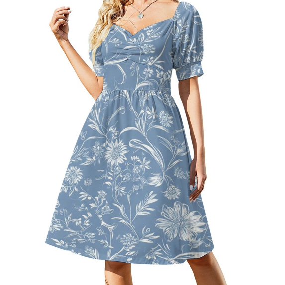 Blue White Floral Pattern Design Short Sleeve Dress Clothes Women's ...