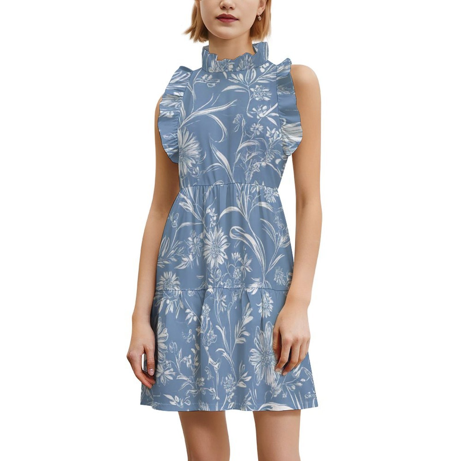 Blue White Floral Pattern Design Women's Fashion Casual Dress Summer ...