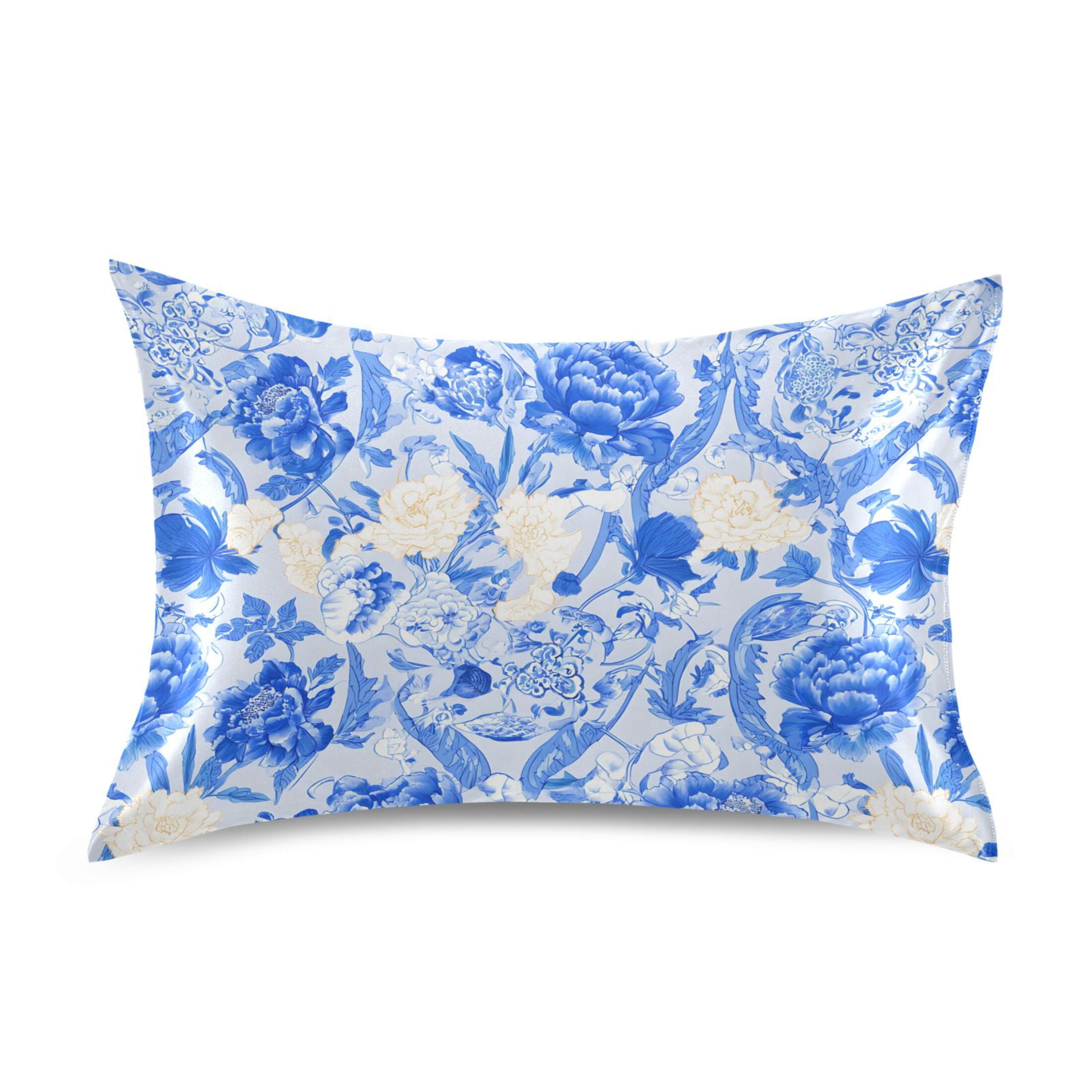 Blue White Floral Pillowcase King Size Luxury Silky Soft Wrinkle ...
