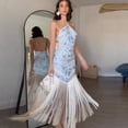 Blue White Floral Print Halter Neck Fringe Midi Dress Backless Flapper ...