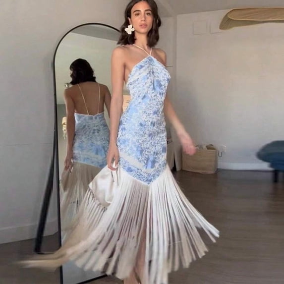 Blue White Floral Print Halter Neck Fringe Midi Dress Backless Flapper ...