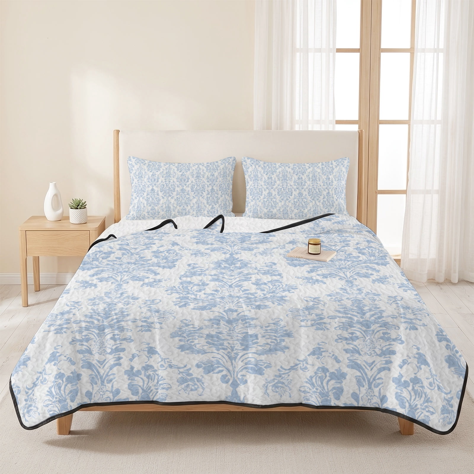 Blue and White Floral Retro 3 Pieces Quilt Set,1 Quilt with 2 Shams ...