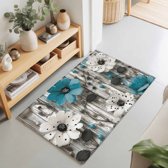 Blue White Floral Retro Plank Rectangle Rug 2'x3' Farmhouse Flower ...