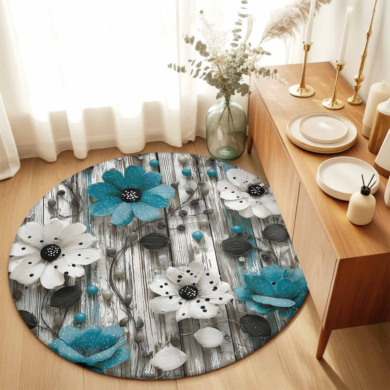Blue White Floral Retro Plank Round Area Rug 3ft,Living Room Rug Non ...