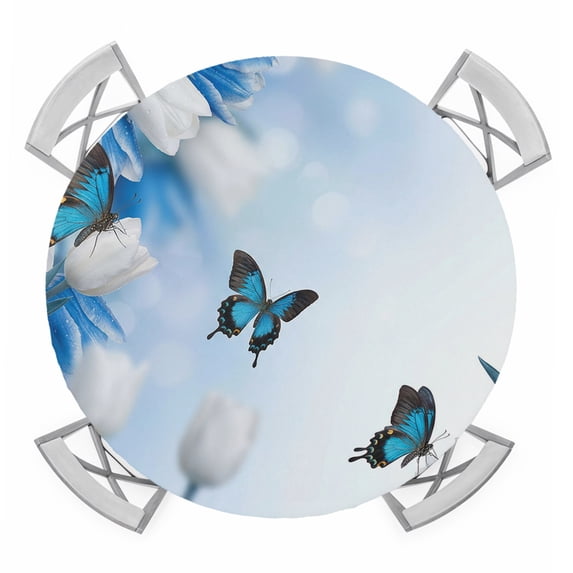 Blue White Floral Round Tablecloth for 45-54 Inch Tables, Fitted Table ...
