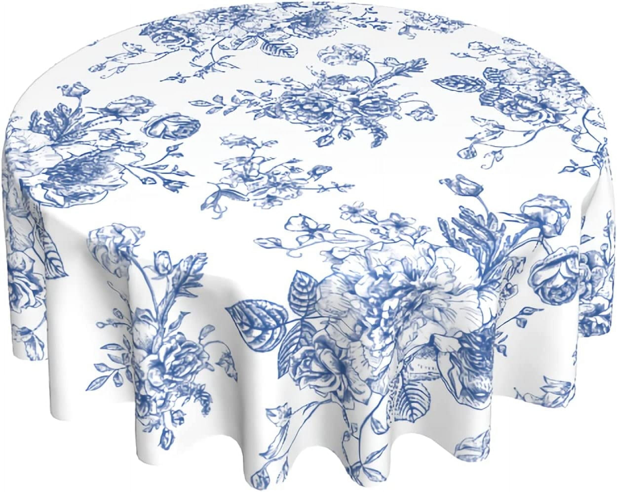 Vintage 60'' Blue & White Floral Polyester Tablecloth: Rustic, Elegant ...