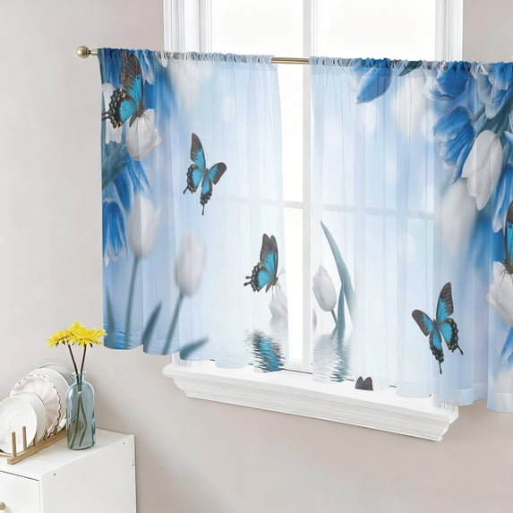 Blue White Floral Semi Sheer Curtains 54 Inch Length 2 Panels Set ...