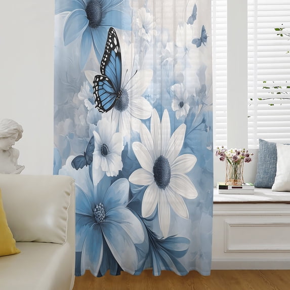Blue White Floral Sheer Curtains 72 Inch Length, Light Filtering Voile ...