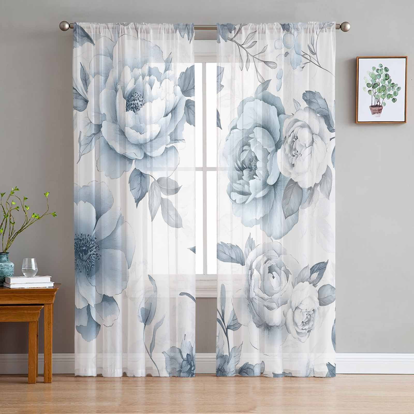 Blue White Floral Sheer Curtains 72 Inches Long 2 Panels Set, Window ...