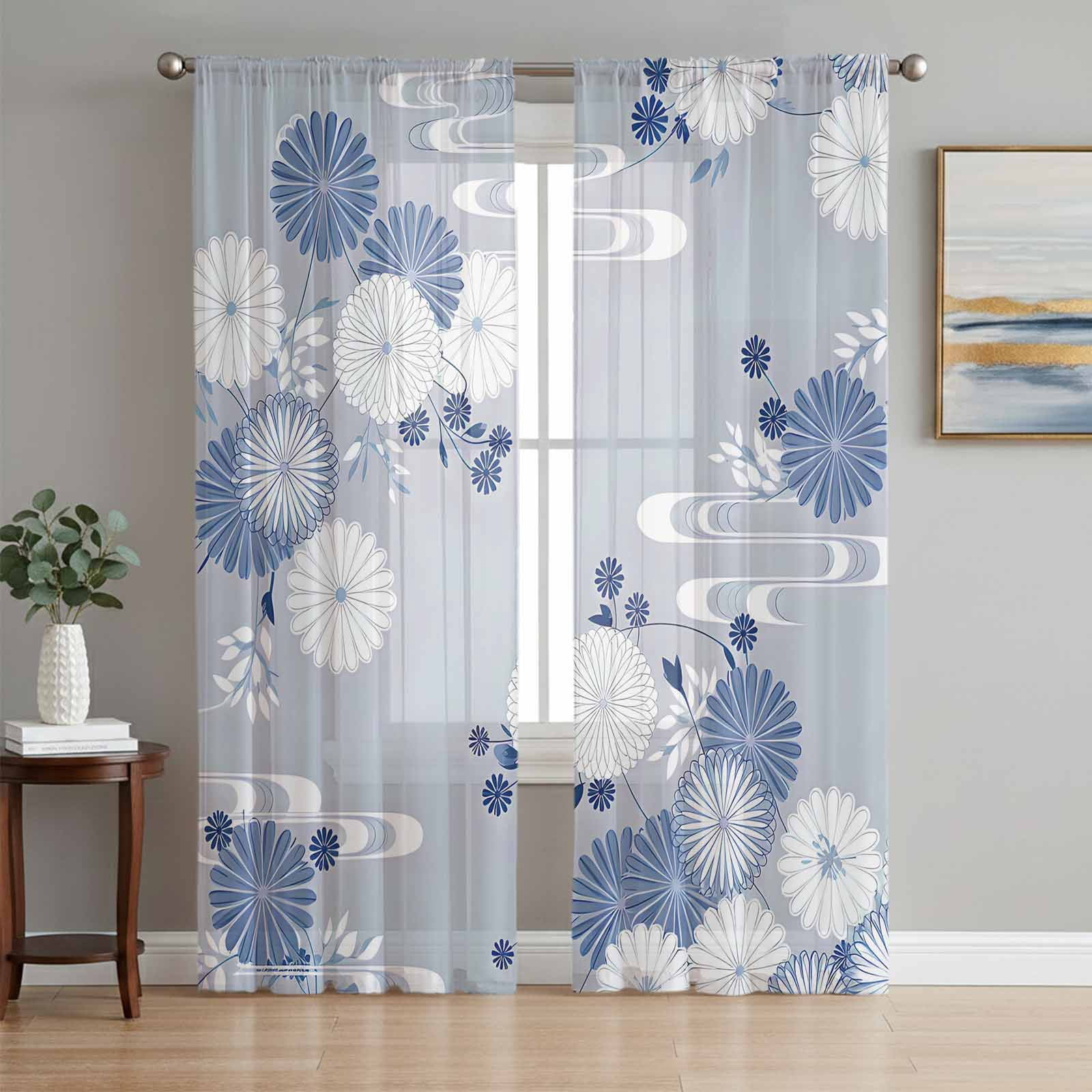 Blue White Floral Sheer Curtains 84 Inch Length 2 Panels Set, Spring ...