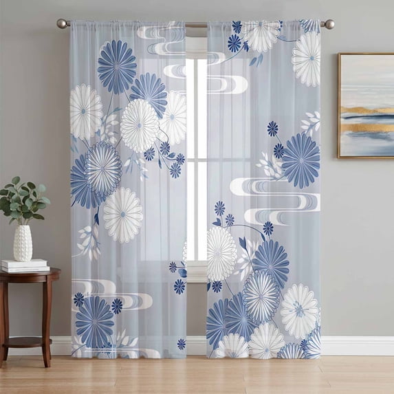 Blue White Floral Sheer Curtains 84 Inch Length 2 Panels Set, Spring ...