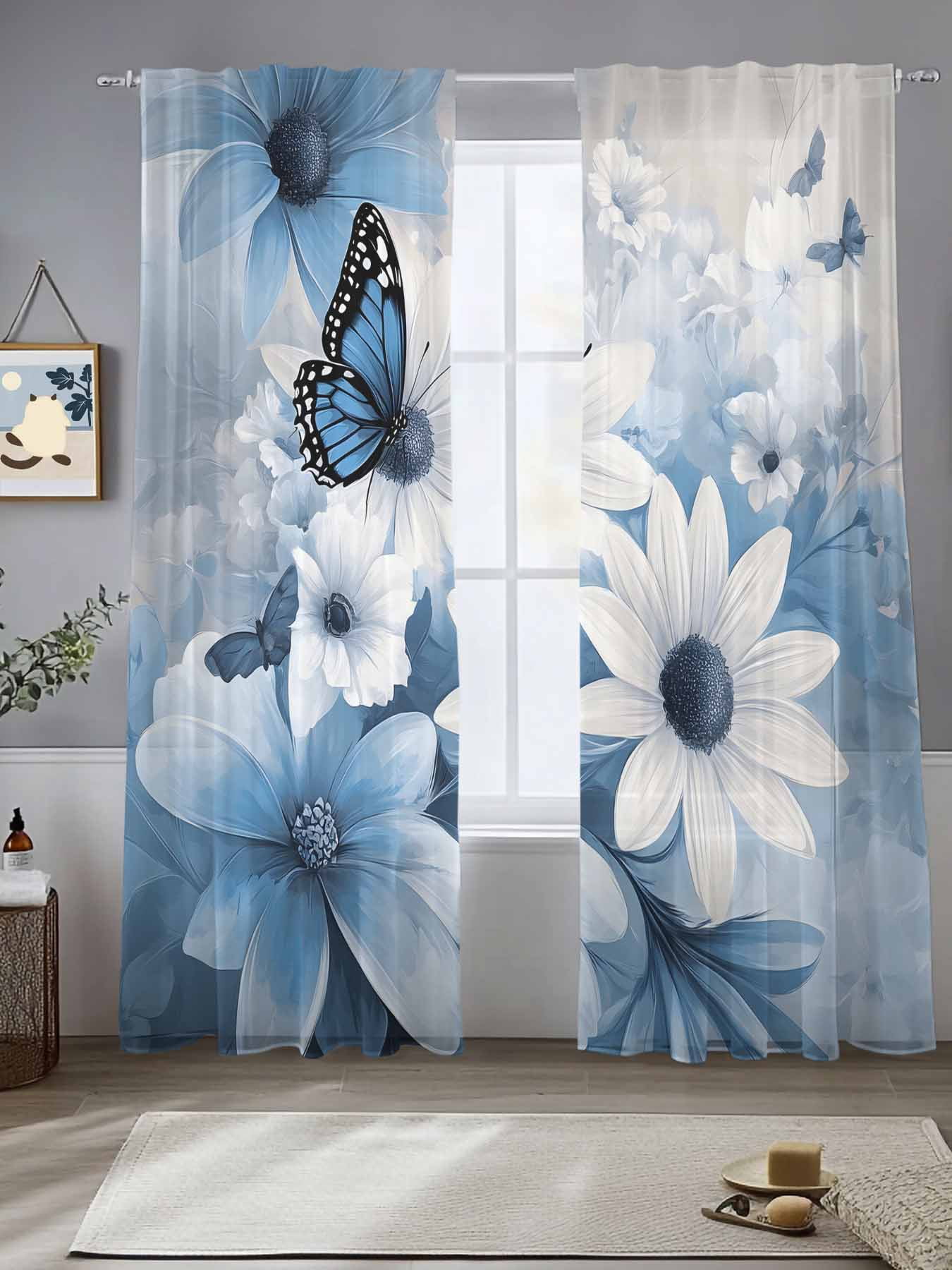 Blue White Floral Sheer Curtains for Living Room Bedroom Elegant Rustic Butterfly Botanical ...