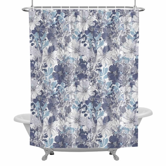 Blue White Floral Shower Curtain for Bathroom, Watercolor Spring Blue ...