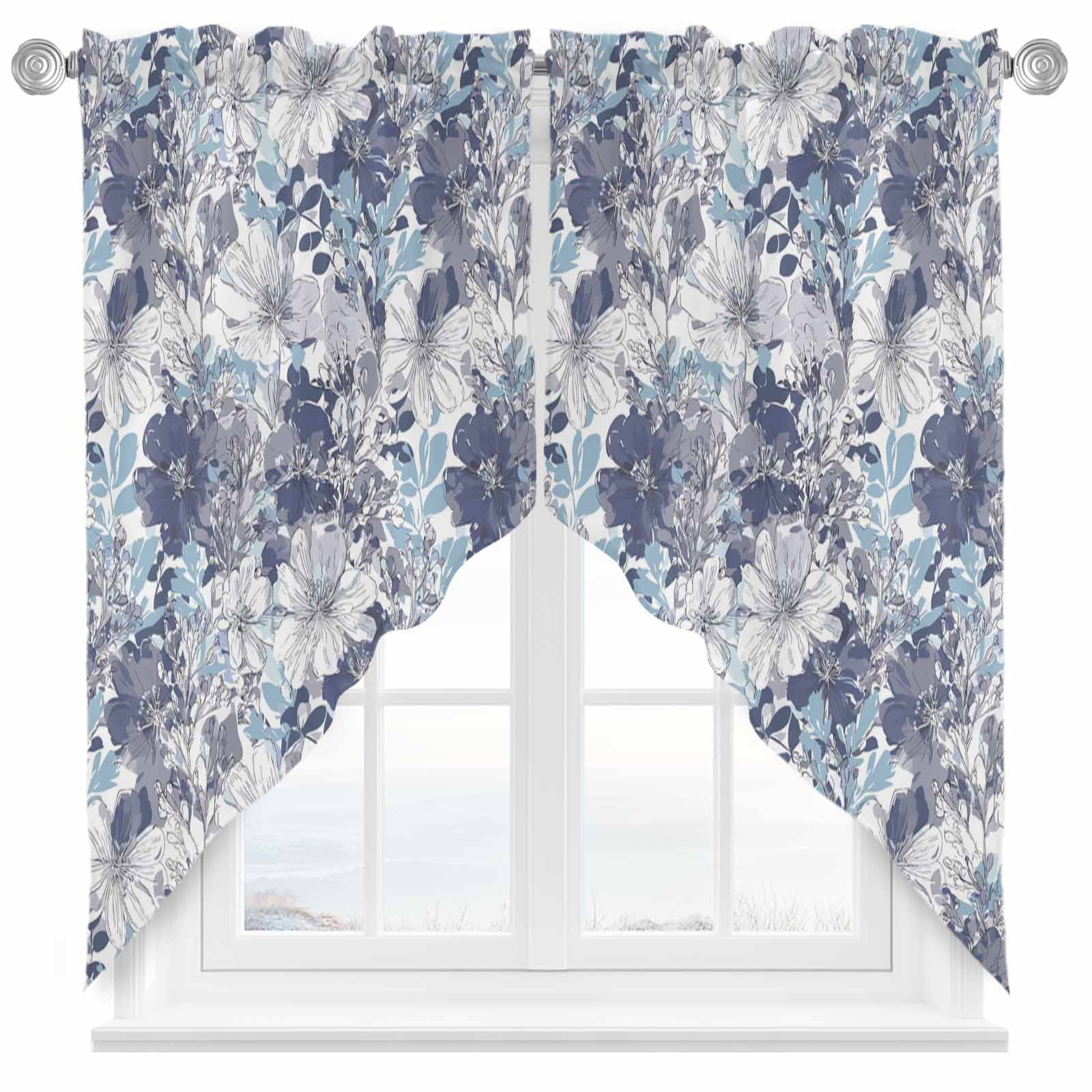 Blue White Floral Swag Kitchen Curtain Valances, Watercolor Spring Blue ...