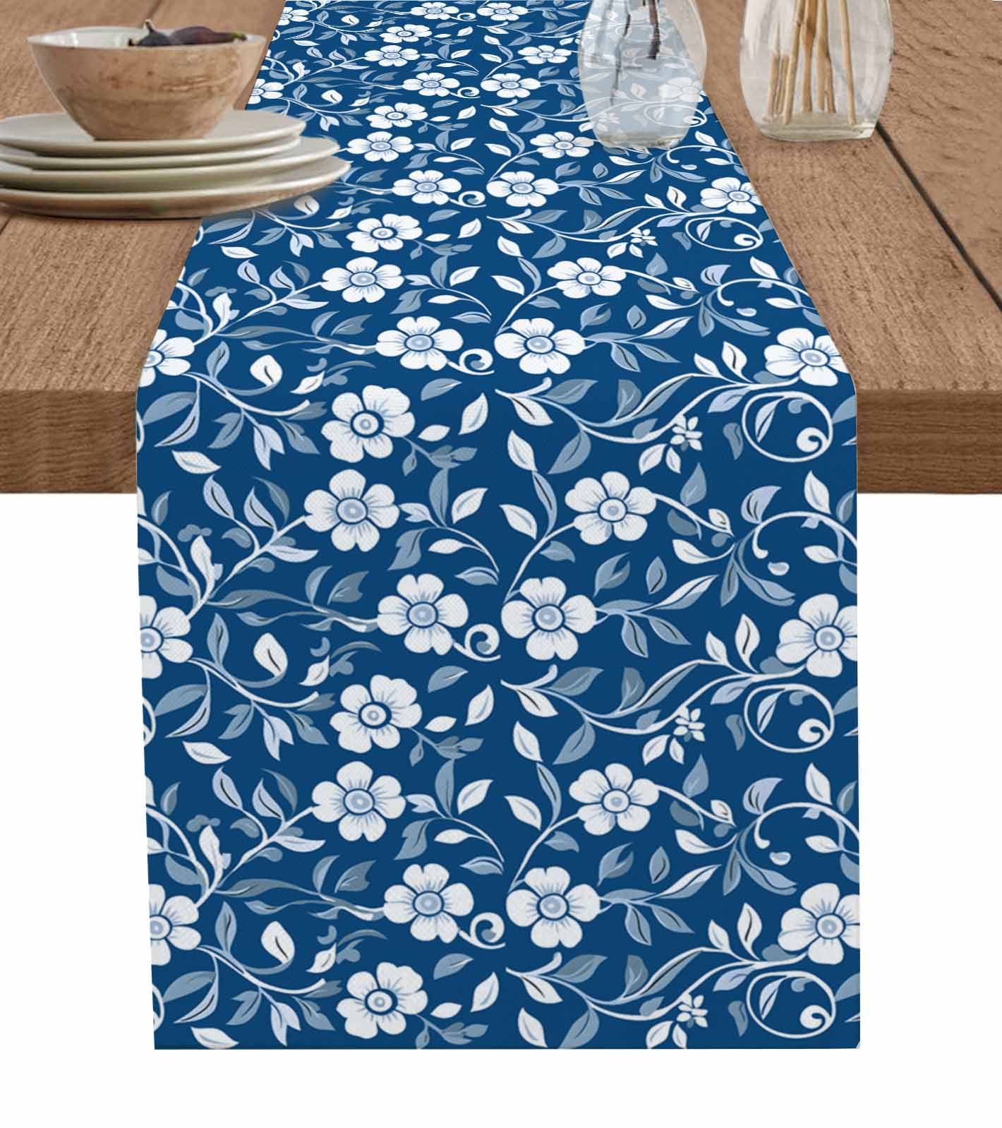 Blue White Floral Table Runner 72 Inches, Farmhouse Retro Botanical ...