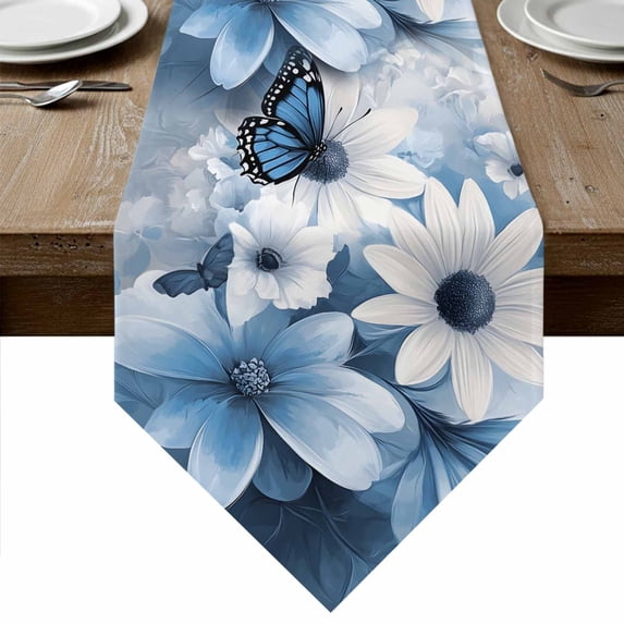 Blue White Floral Table Runner Linen Burlap Table Runner 60 Inches Long ...