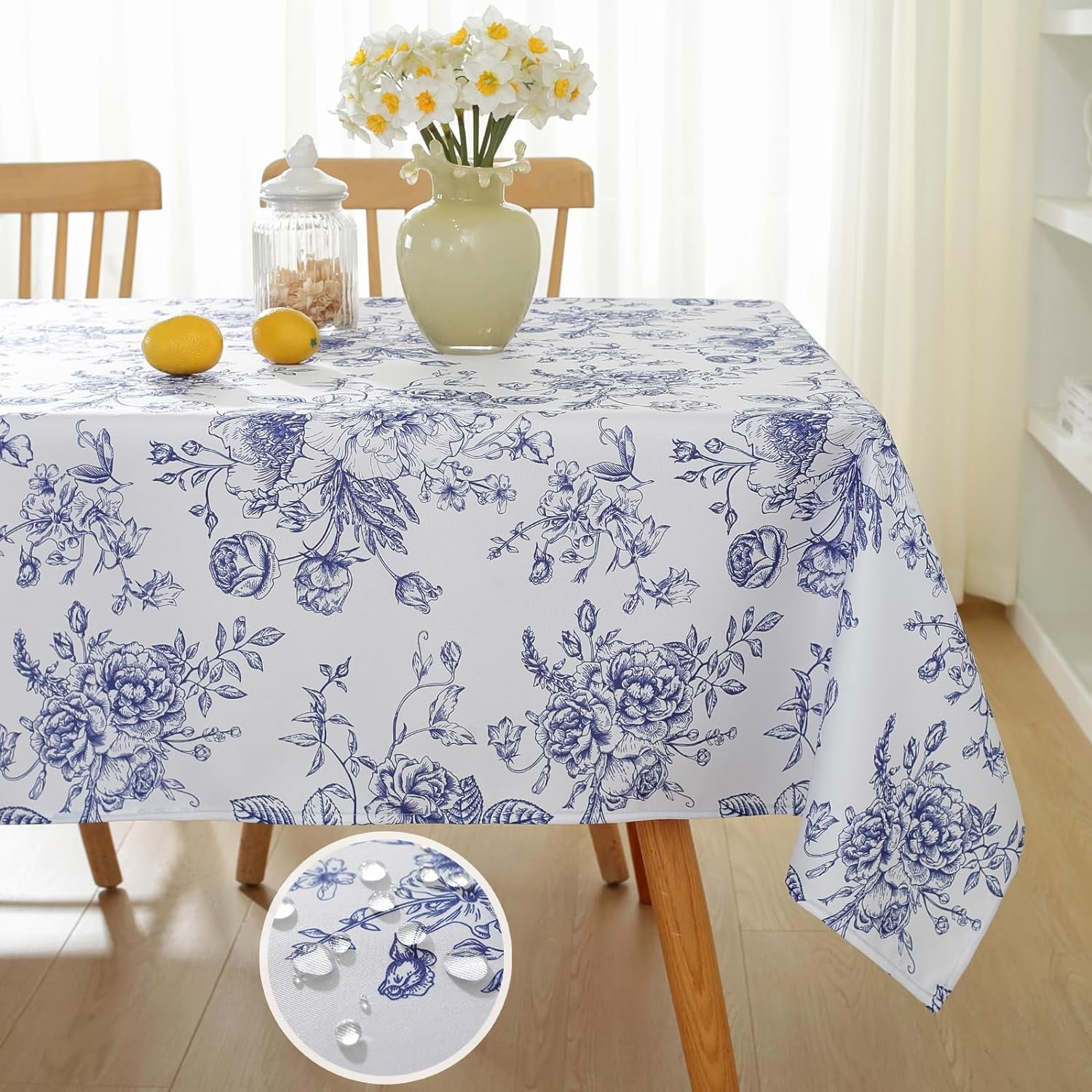 Blue and White Floral Tablecloth 60 x 84 Inch, Vintage Rectangle Table ...