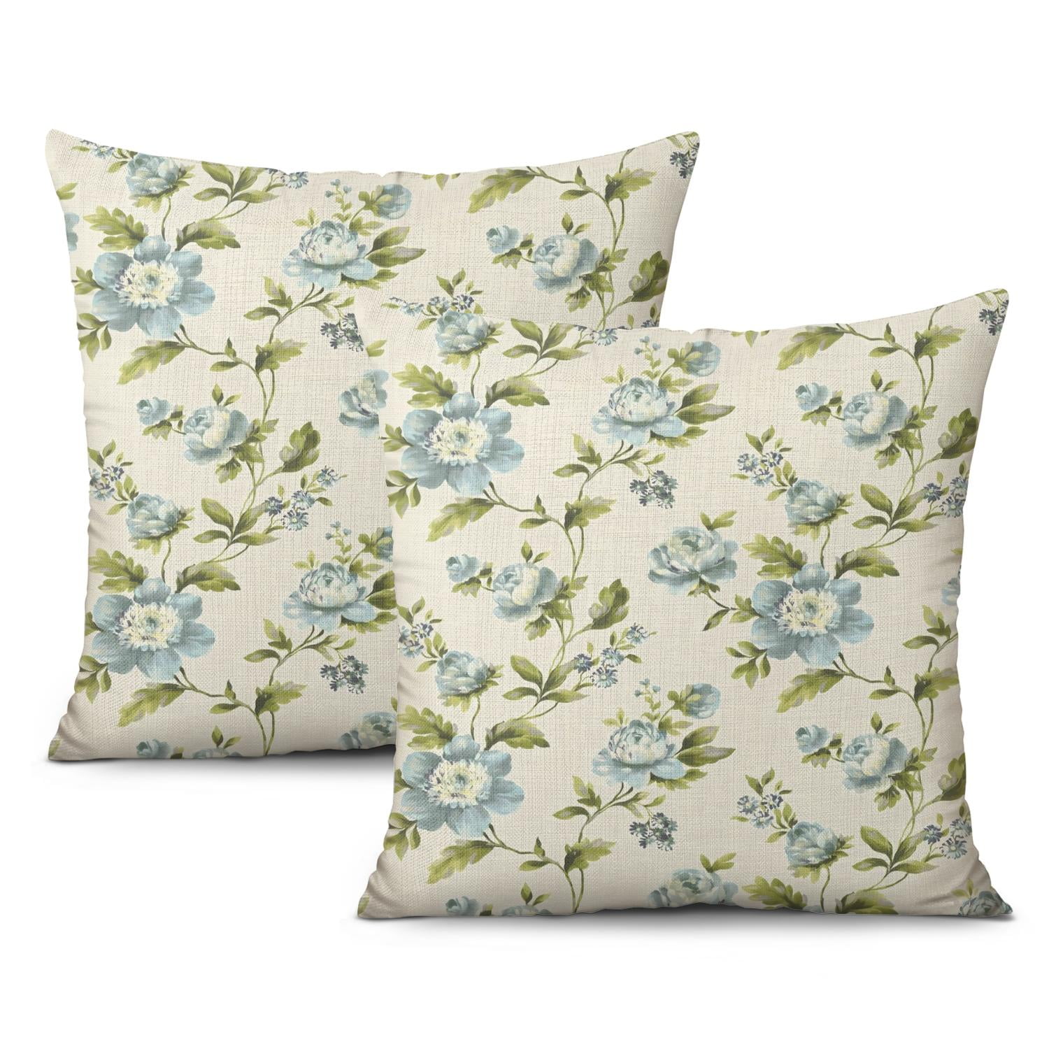 Blue & White Floral Throw Pillow Covers: 2-Pack of Square Pillow Cover 16x16 Inch Linen Cases ...