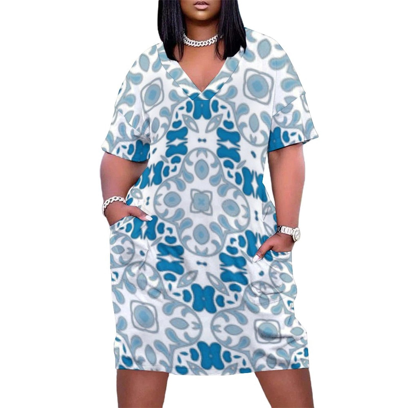 Blue White Floral Tile Pattern Summer Sundress for Curve Women Casual ...