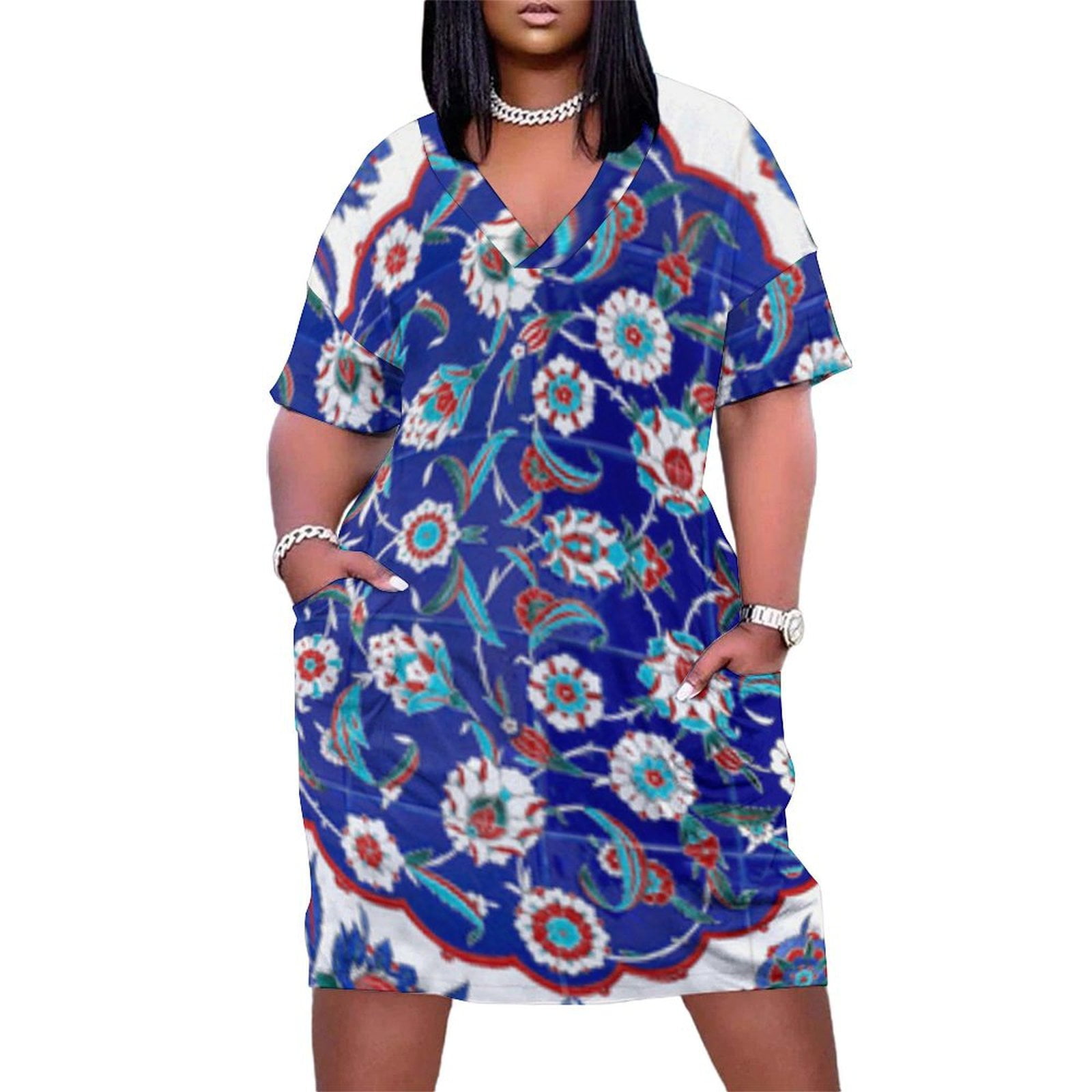 Blue White Floral Tile Pattern Summer Sundress for Curve Women Casual ...