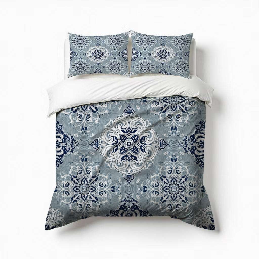 Blue White Floral Tiles Pattern Bedding Set 3 Pcs Soft Microfiber Quilt ...