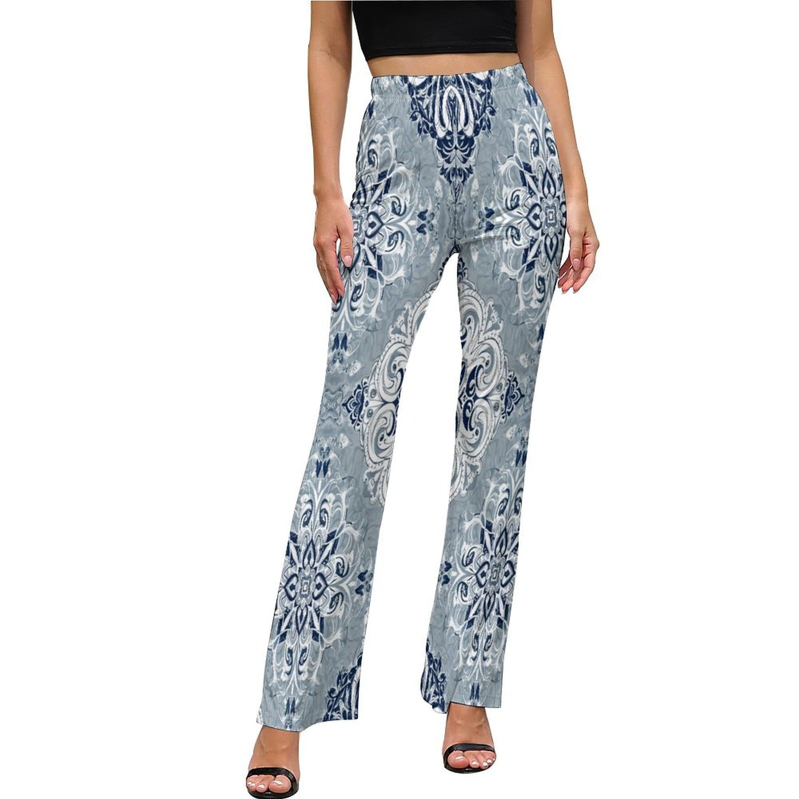 Blue White Floral Tiles Pattern High Waisted Casual Flared Trousers ...