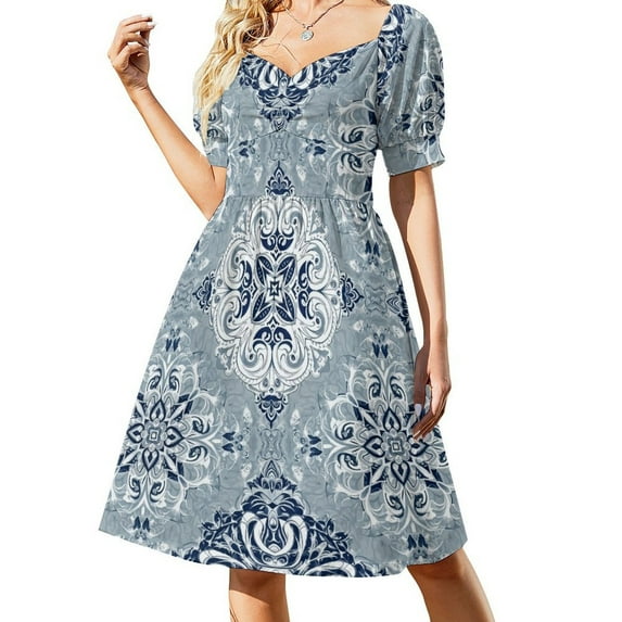 Blue White Floral Tiles Pattern Short Sleeve Dress Clothes Women's ...
