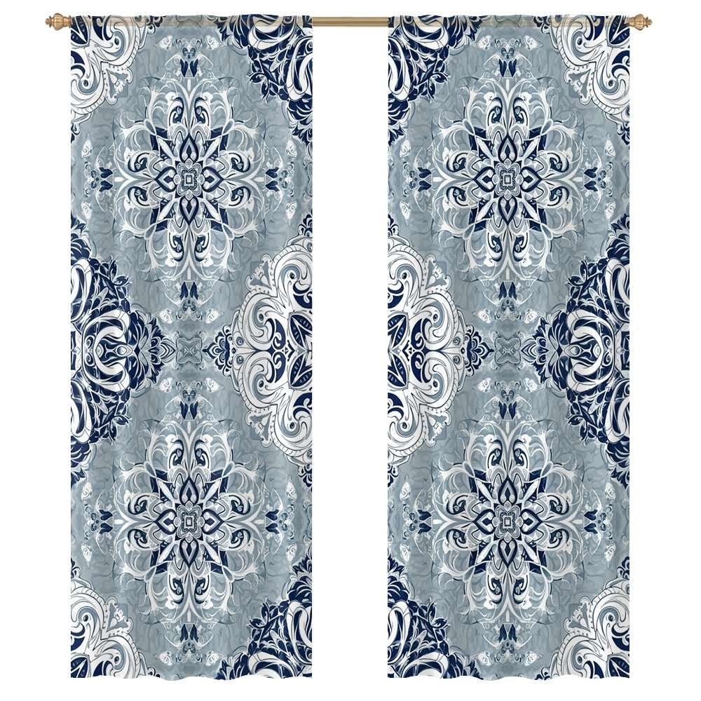 Blue White Floral Tiles Pattern Tulle Curtains For Living Room Chiffon ...
