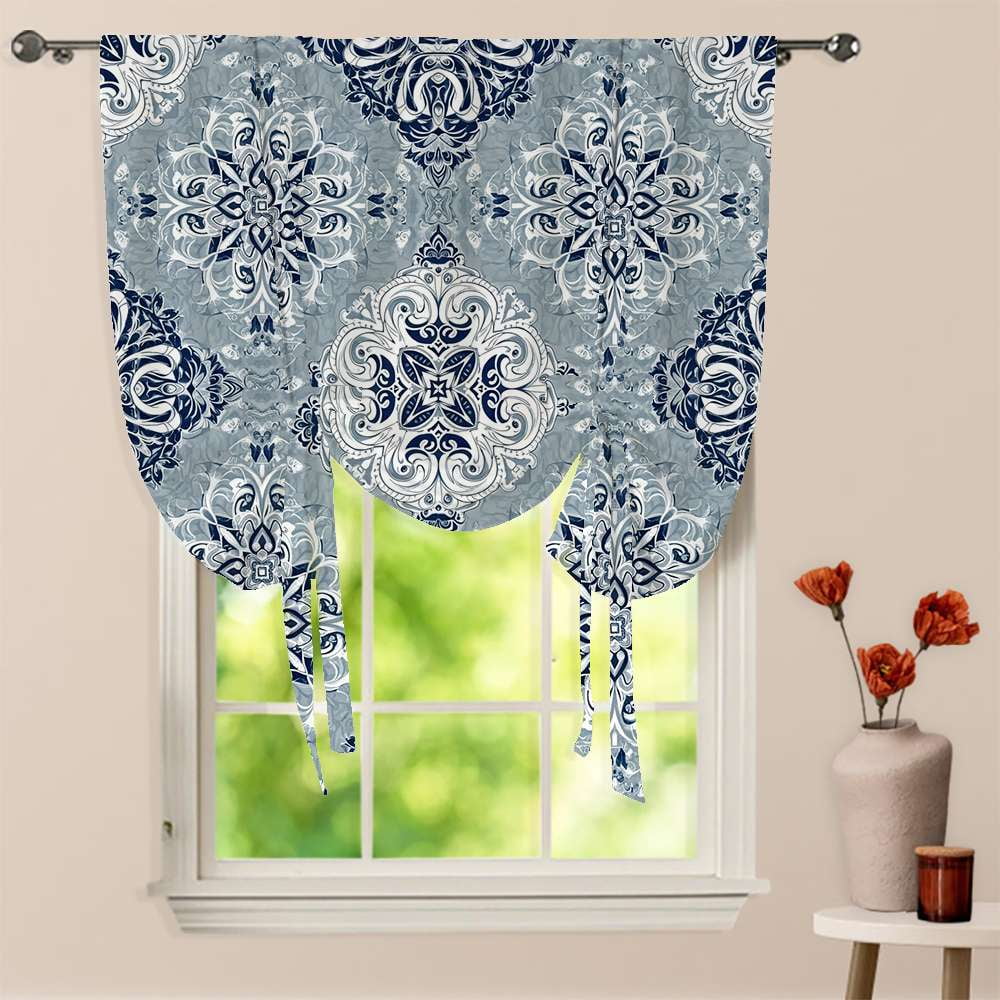 Blue White Floral Tiles Pattern Window Curtain for Living Room Roman ...
