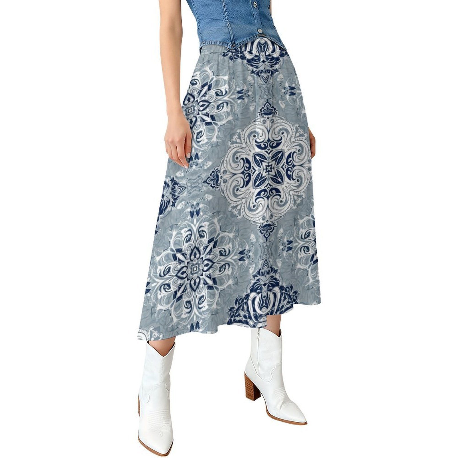 Blue White Floral Tiles Pattern Women High Waist Midi Skirt Elegant ...
