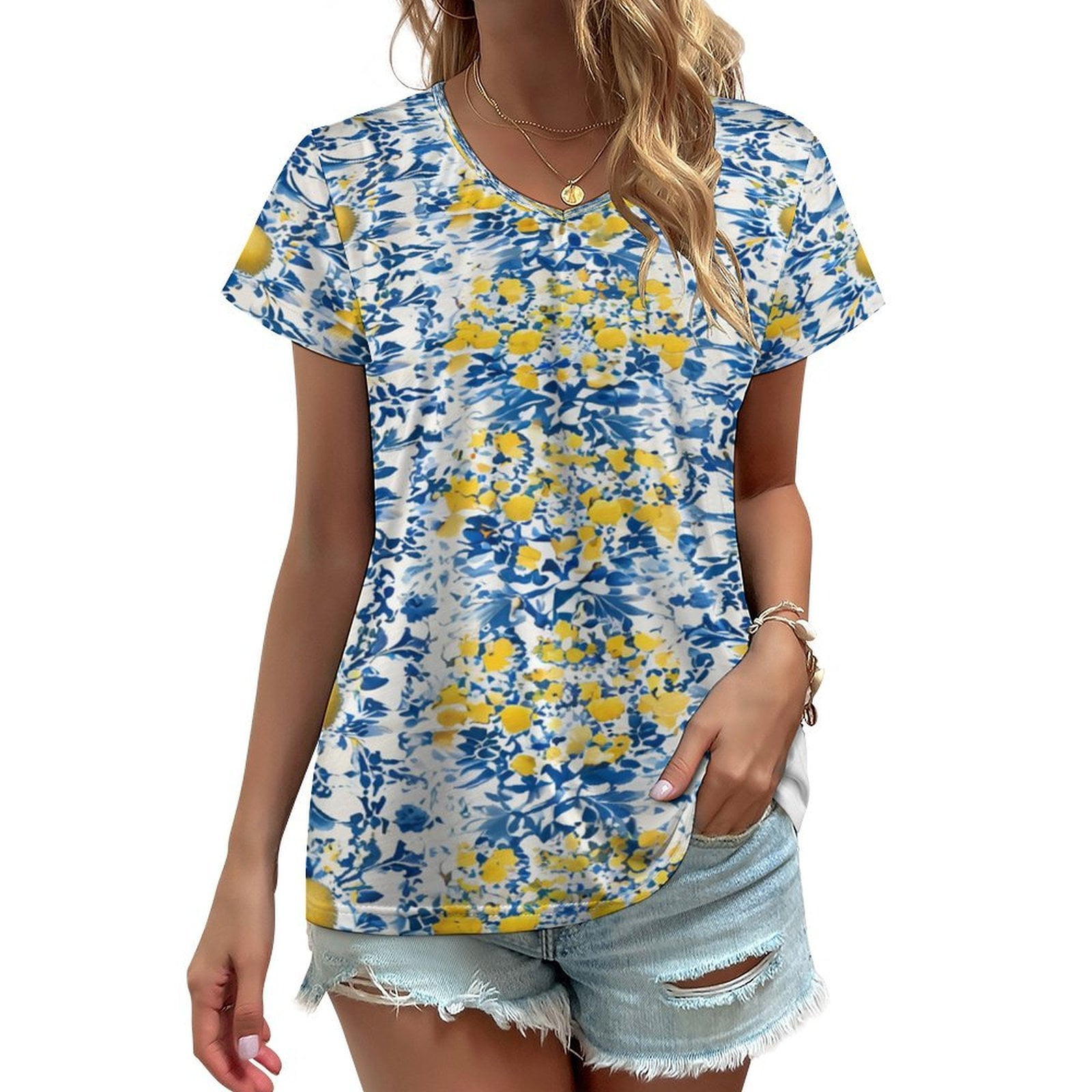Blue White Floral Tiles Pattern Women's Blouse Short Sleeve Women's Top ...