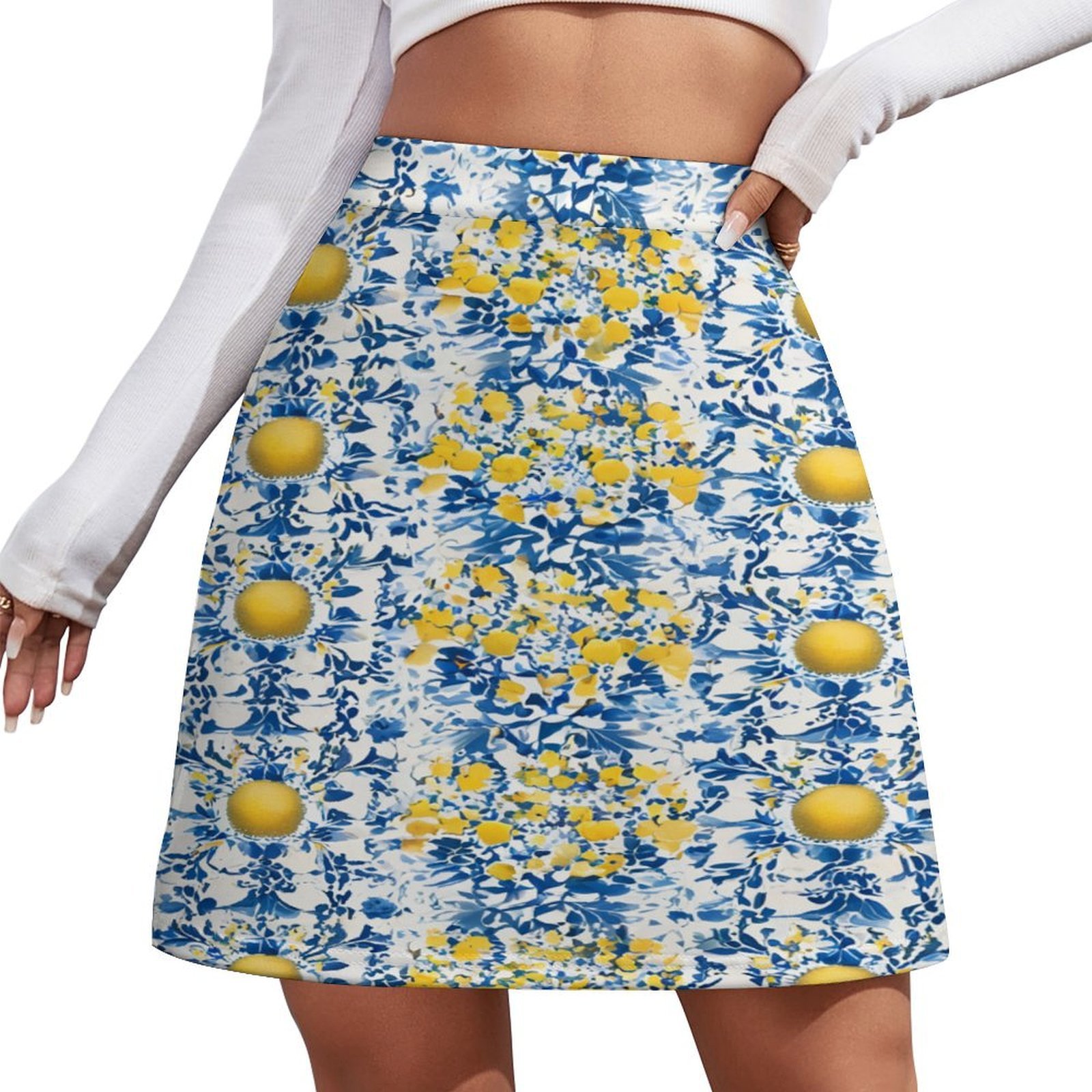 Blue White Floral Tiles Pattern Women's High Waist Skirt Stretchy ...