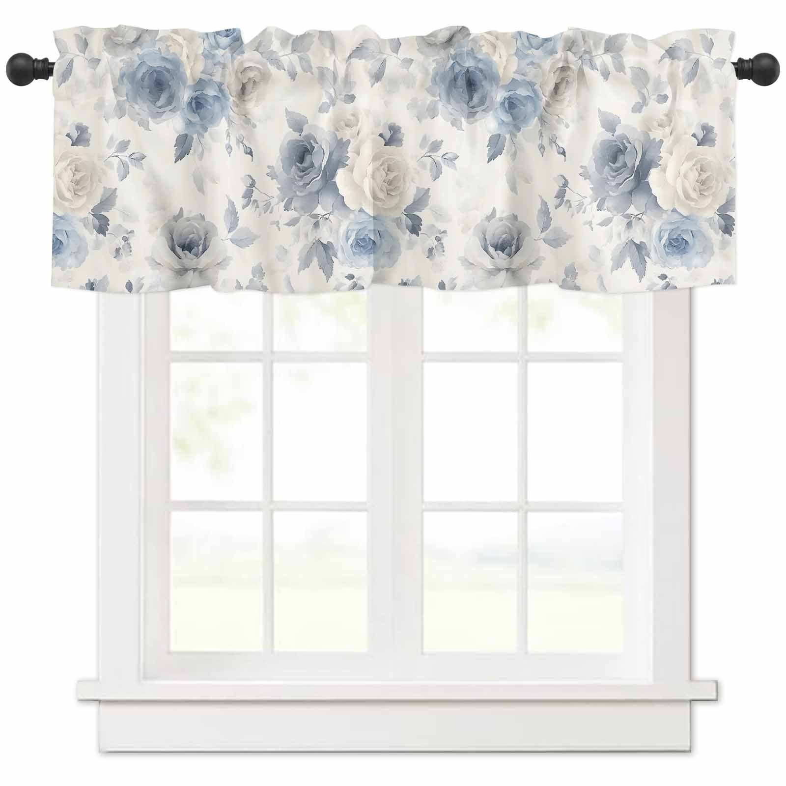 Blue White Floral Valances for Windows Farmhouse Kitchen Curtains ...