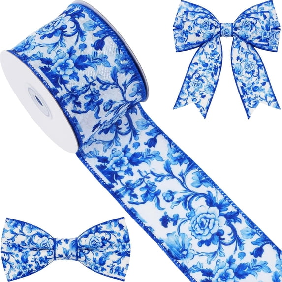 Blue White Floral Wired Edge Ribbon 2.5 Inch Premium Linen Fabric for ...
