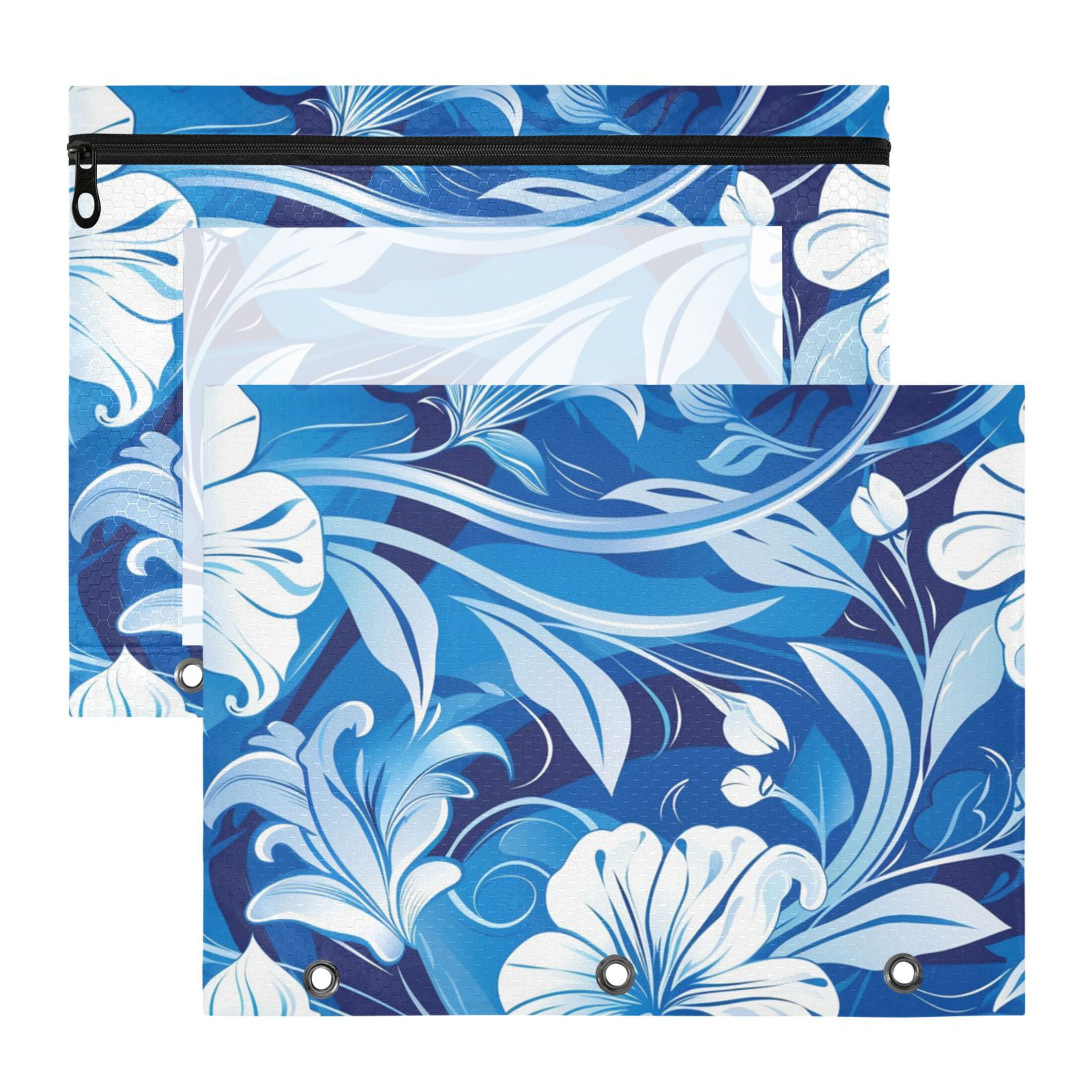 Blue White Florals 3-Ring Binder Pouches A4 Size Zipper Pocket File ...