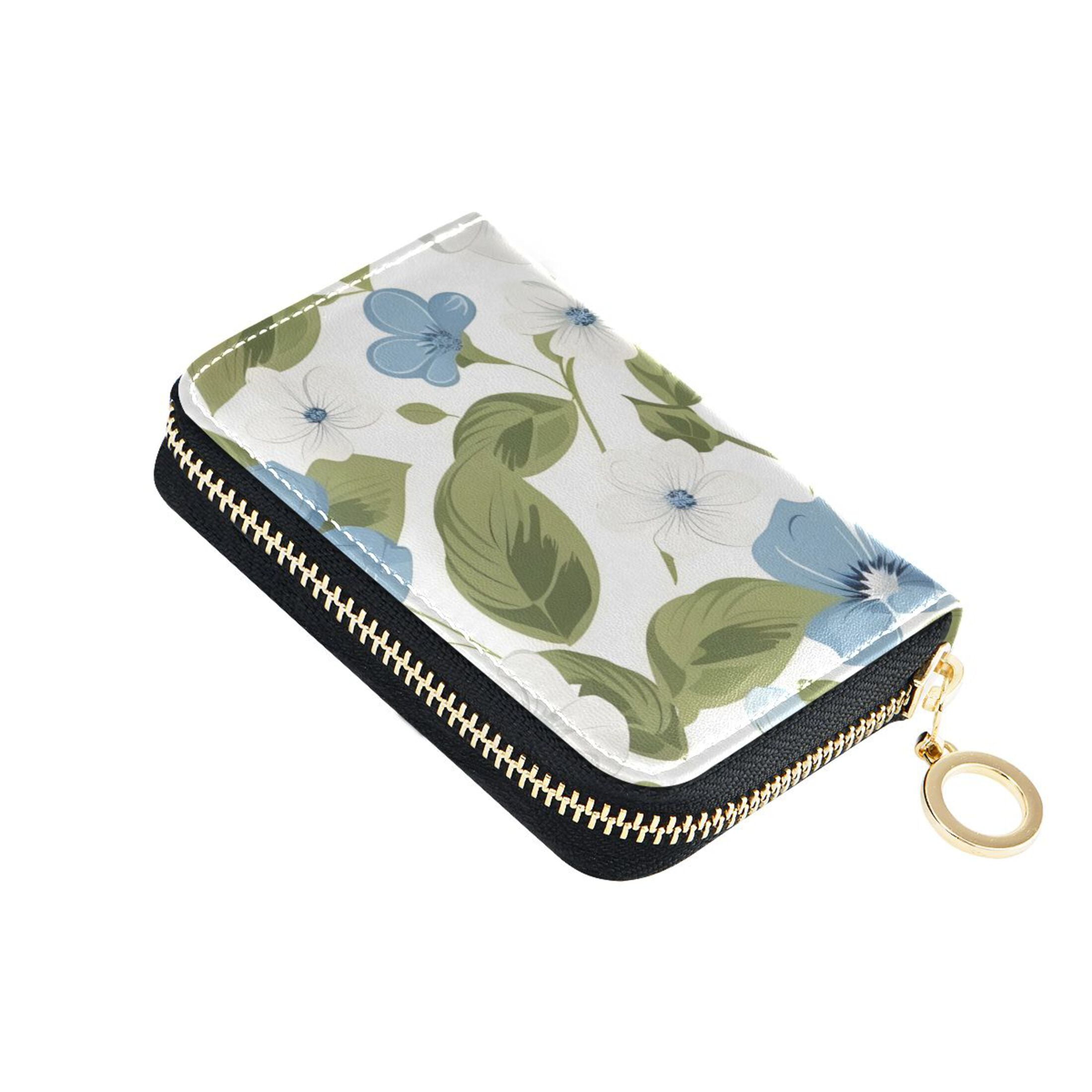 Blue White Florals Leaves Women's Credit Card Holder PU Leather Zipper ...