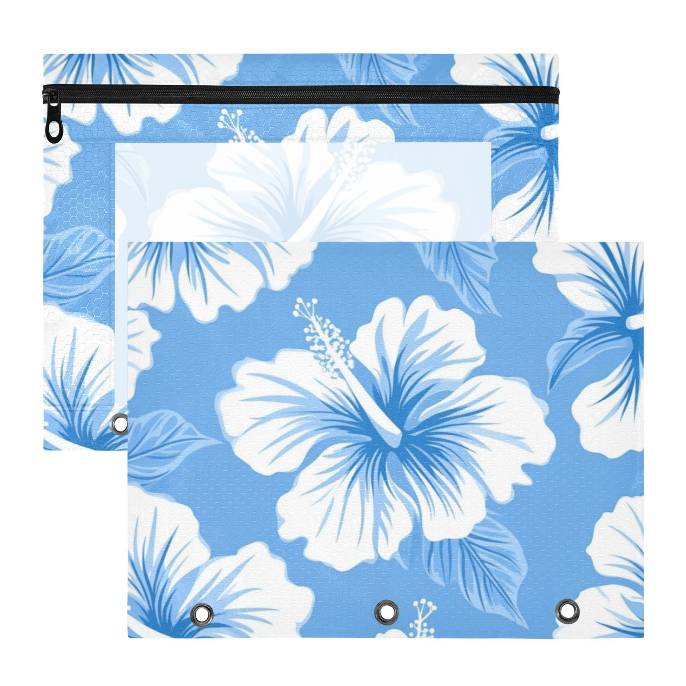 Blue White Florals Tropical Hawaii 3-Ring Binder Pouches A4 Size Zipper ...