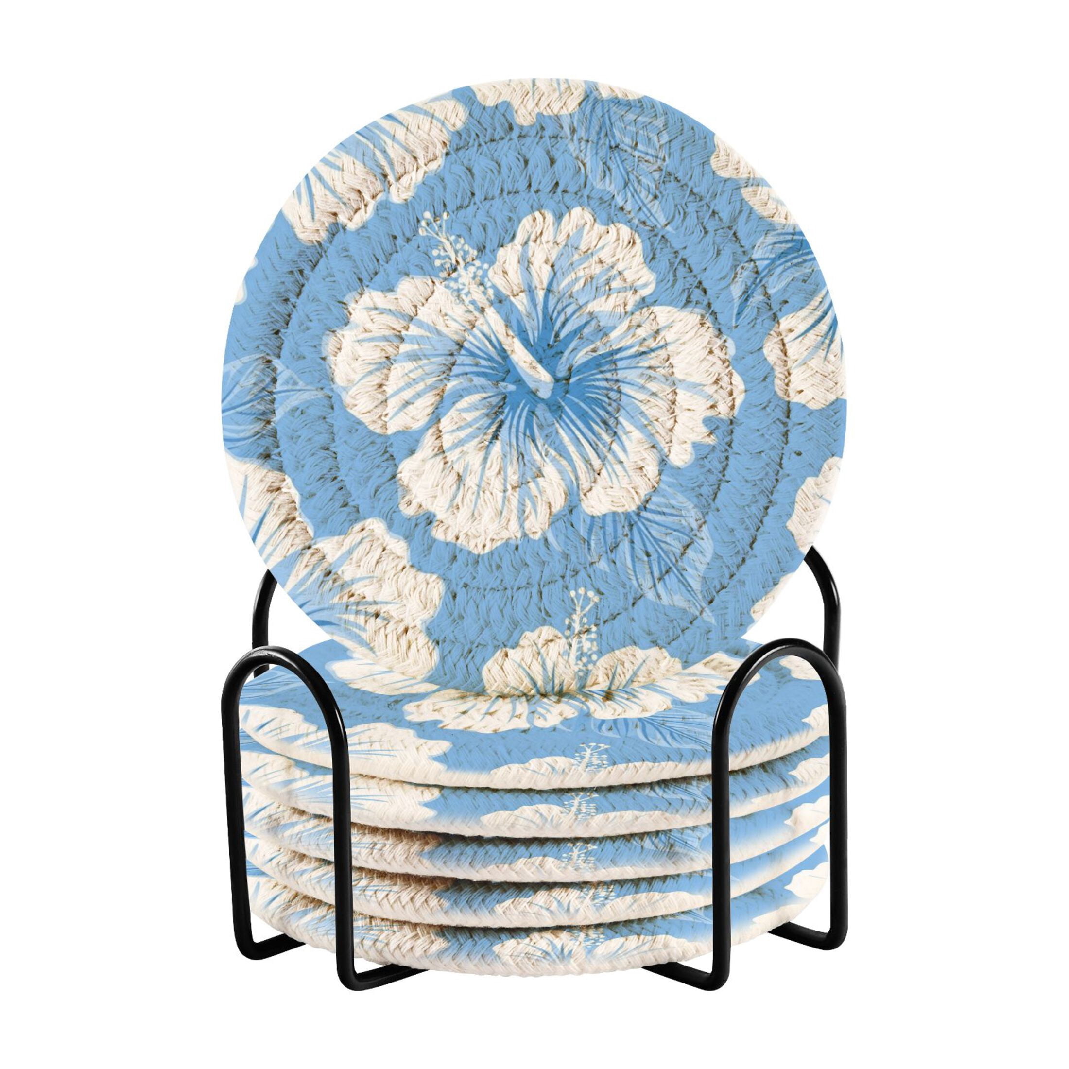 Blue White Florals Tropical Hawaii Drinking Coasters Cup Mat with ...