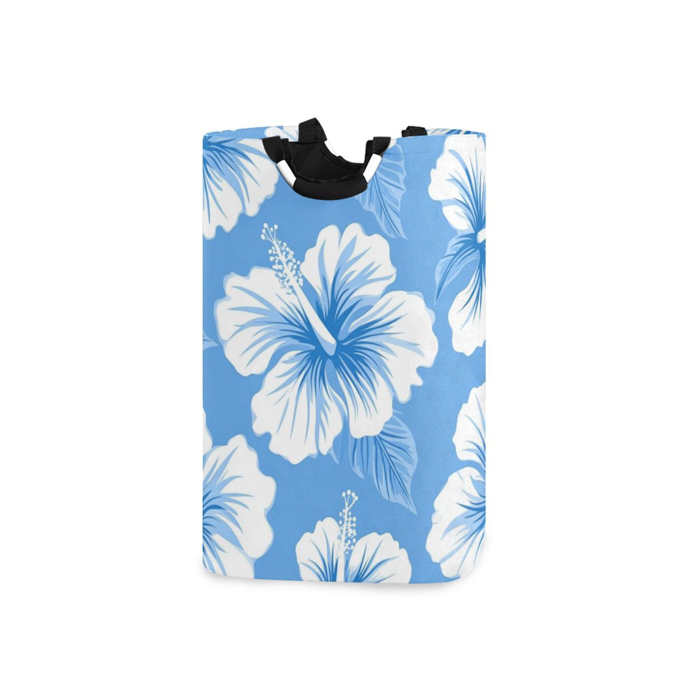Blue White Florals Tropical Hawaii Laundry Basket with Handles Foldable ...