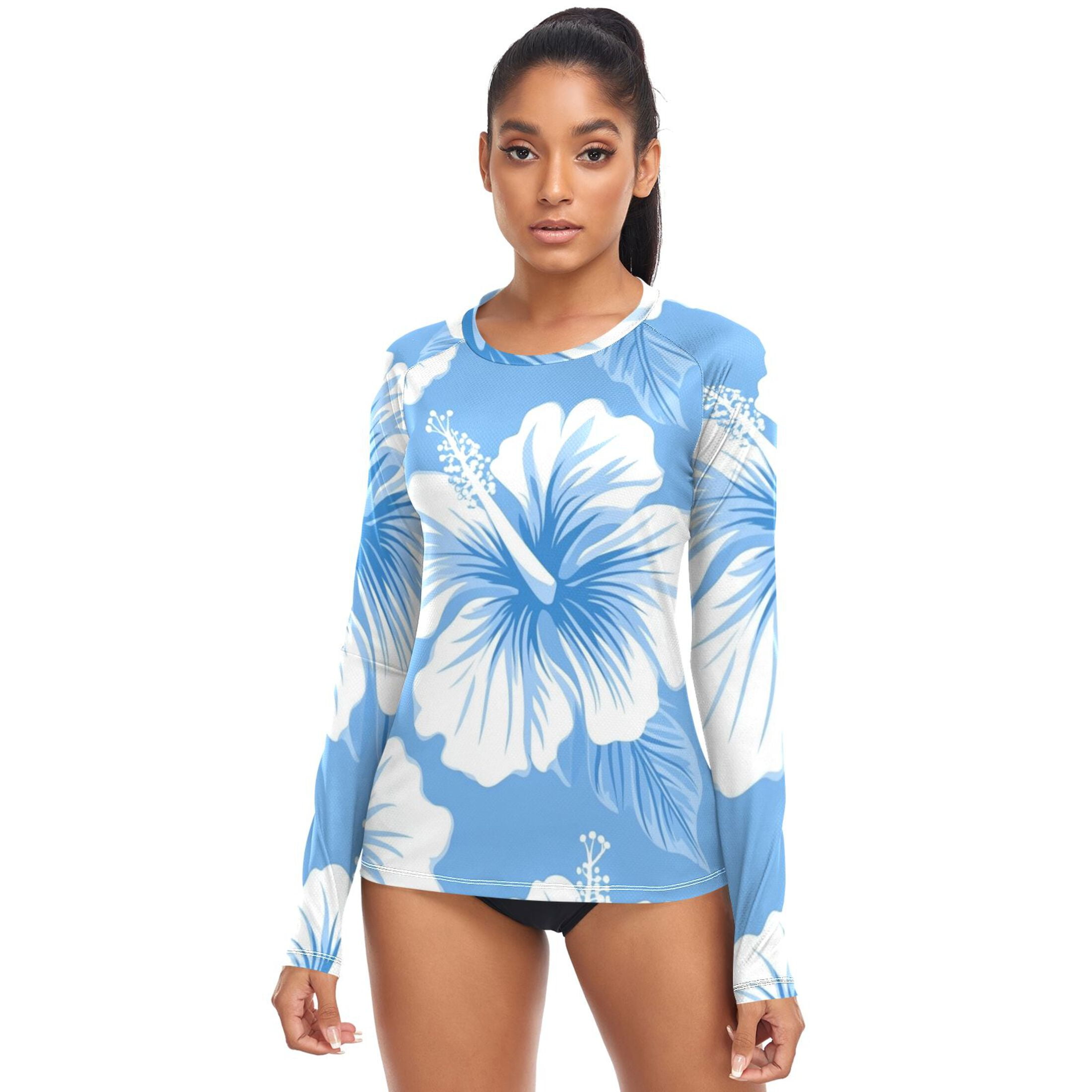 Blue White Florals Tropical Hawaii Women's Rash Guard Shirts UPF 50 ...